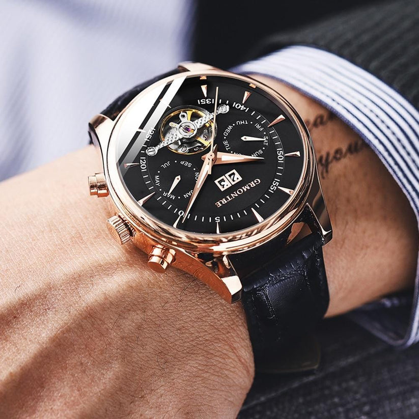 Skeleton Tourbillon Mechanical Watch Men Automatic Classic Rose Gold ...